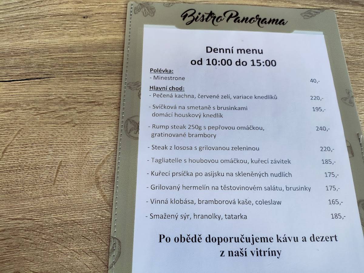 Menu at Bistro Panorama restaurant, Hluboká nad Vltavou