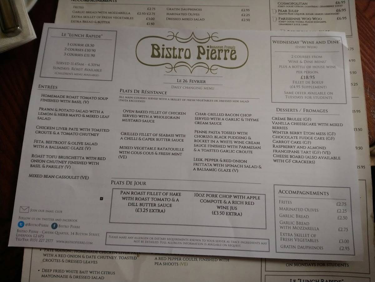 Menu at Bistro Pierre restaurant, Liverpool, 14 Button St