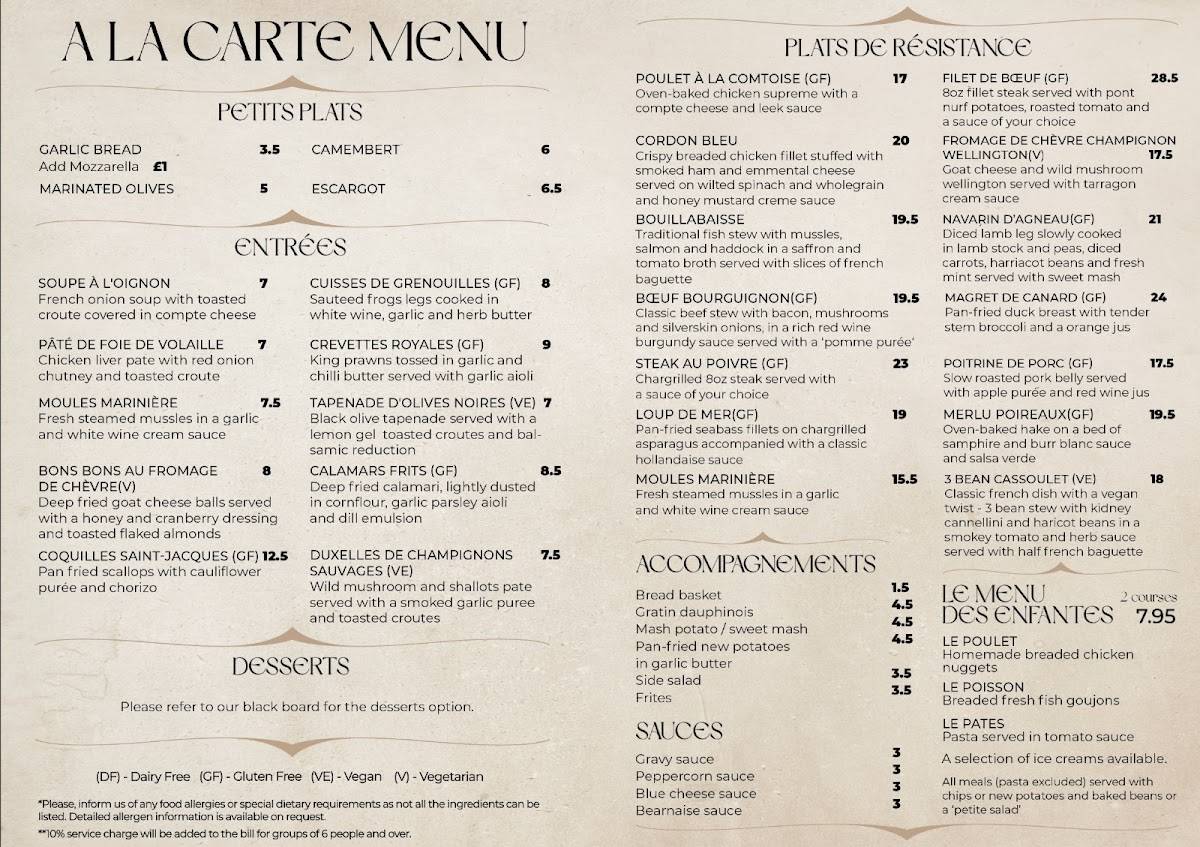 Menu at Bistro Pierre restaurant, Liverpool, 14 Button St