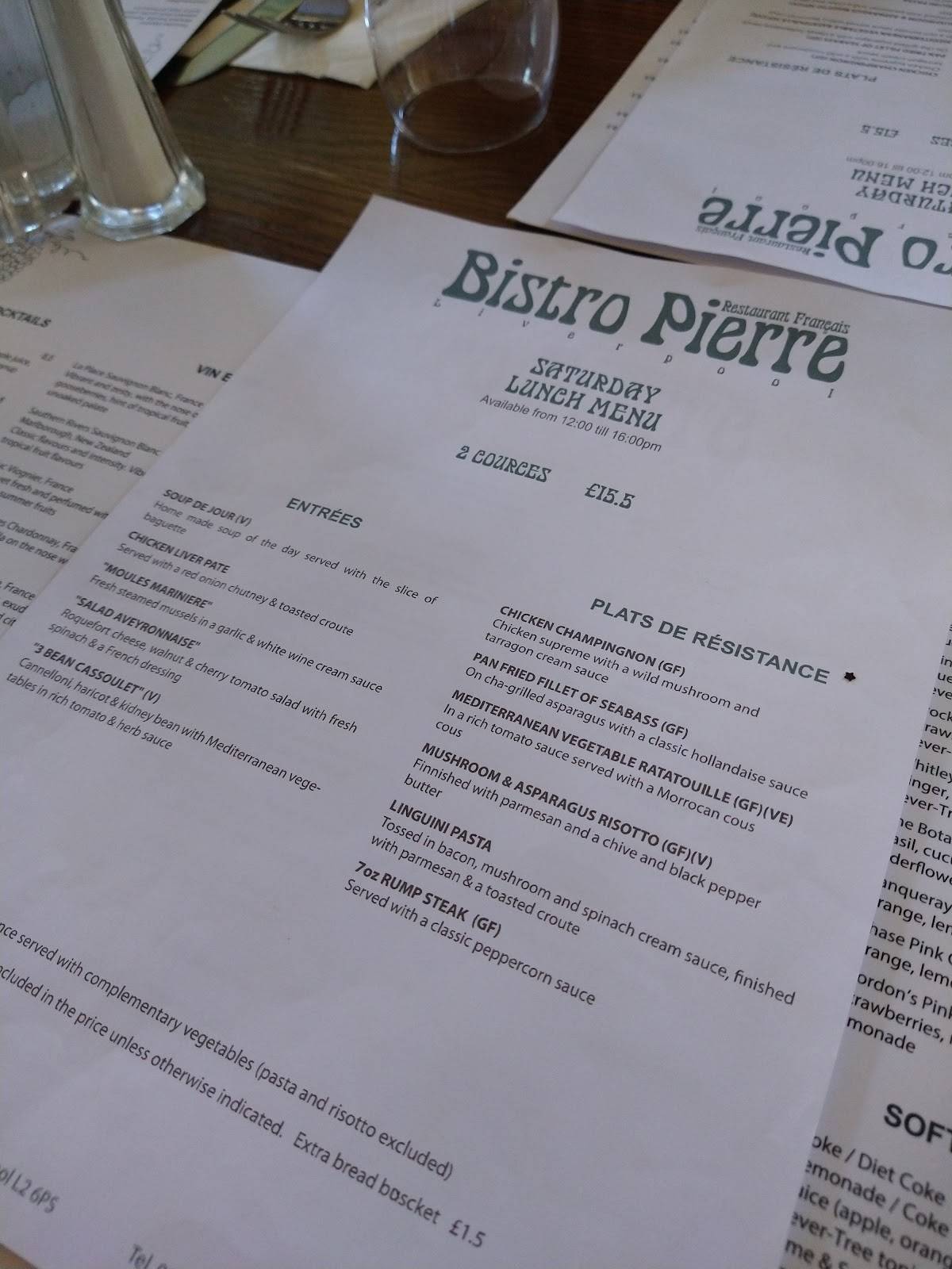 Menu at Bistro Pierre restaurant, Liverpool, 14 Button St