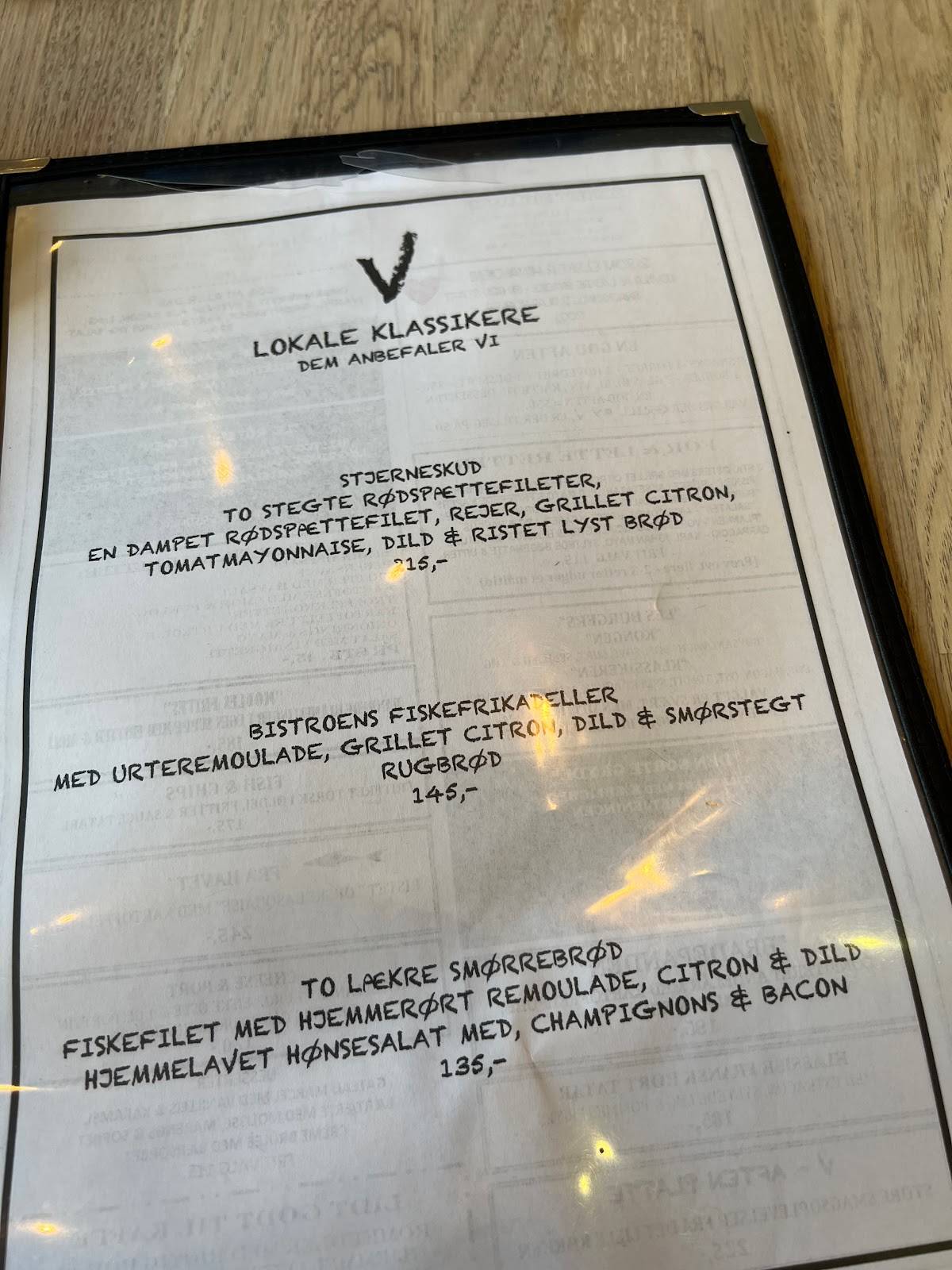 Menu at Bistro V restaurant, Sæby