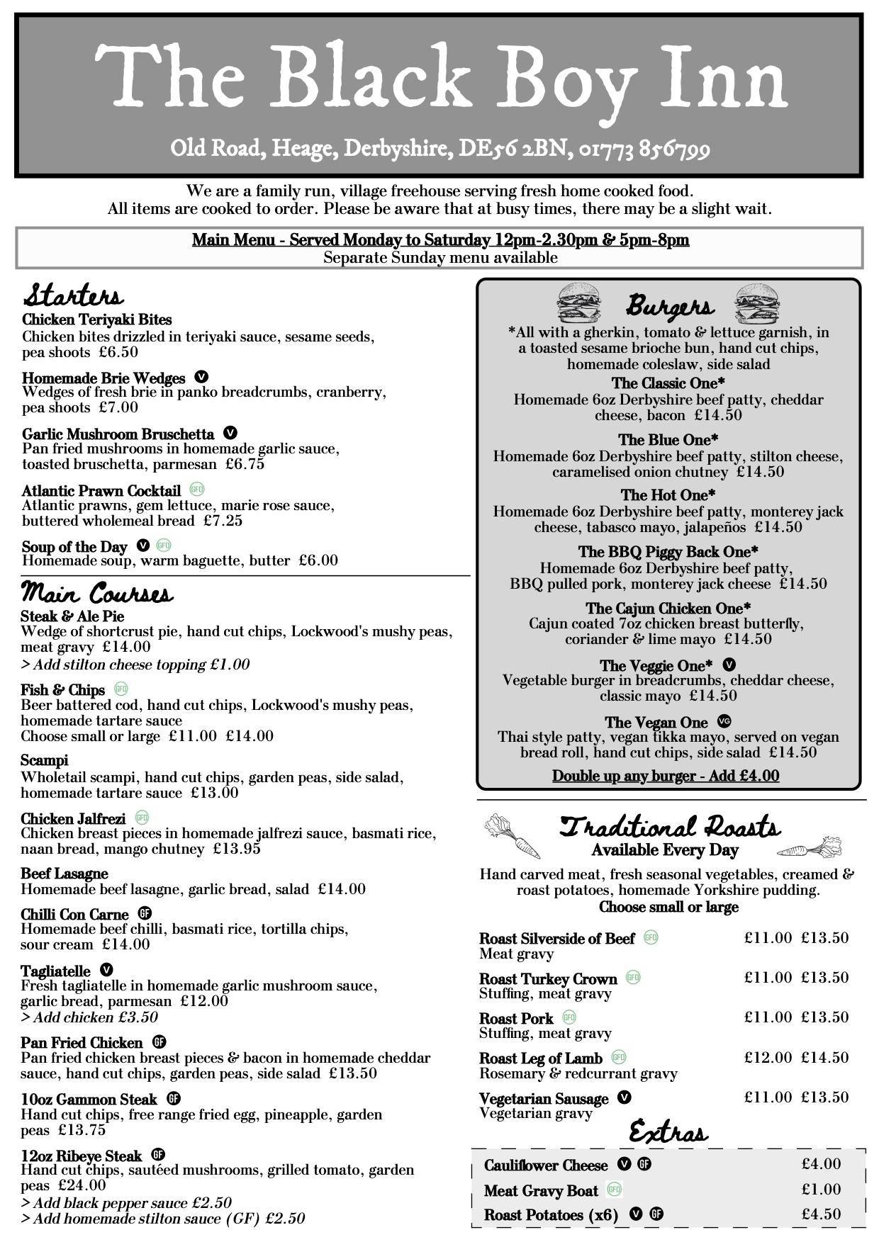 Menu at Black Boy Inn, Heage pub & bar, Heage