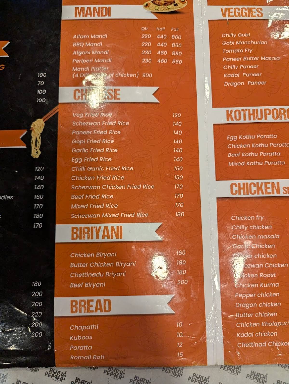Menu at Black Pepper, Thiruvalla