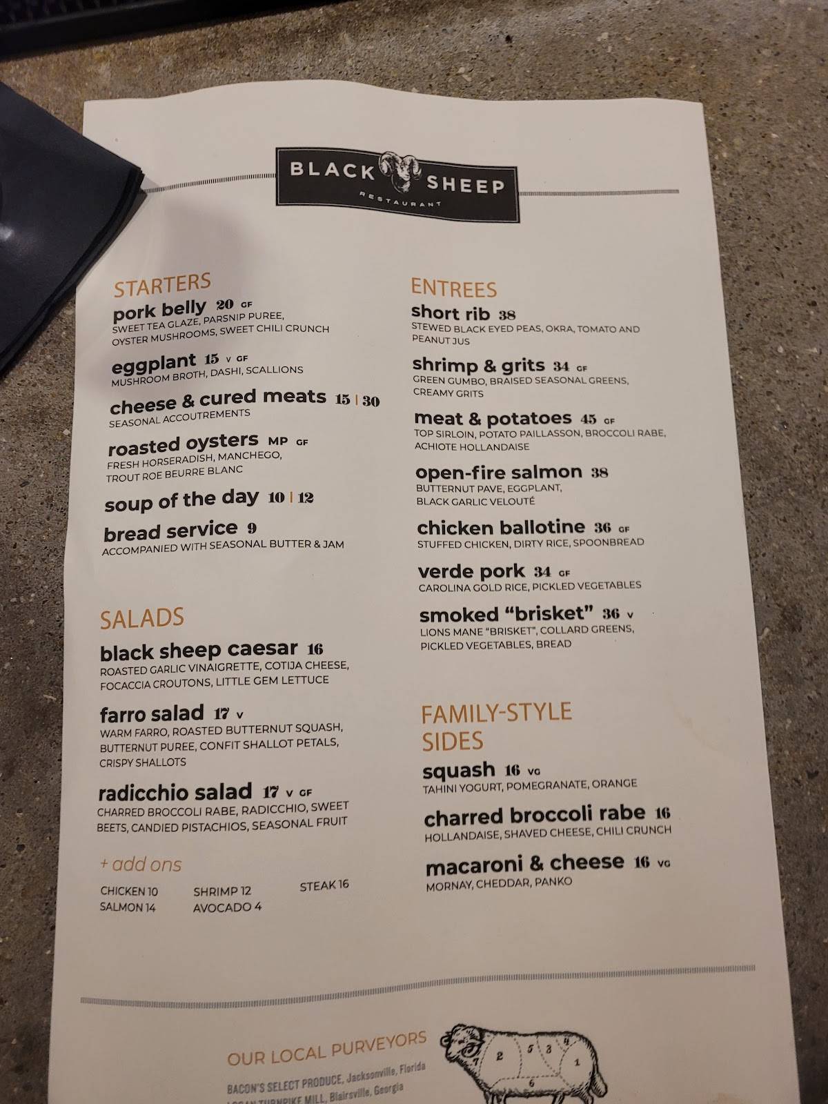 Menu at Black Sheep Restaurant, Jacksonville
