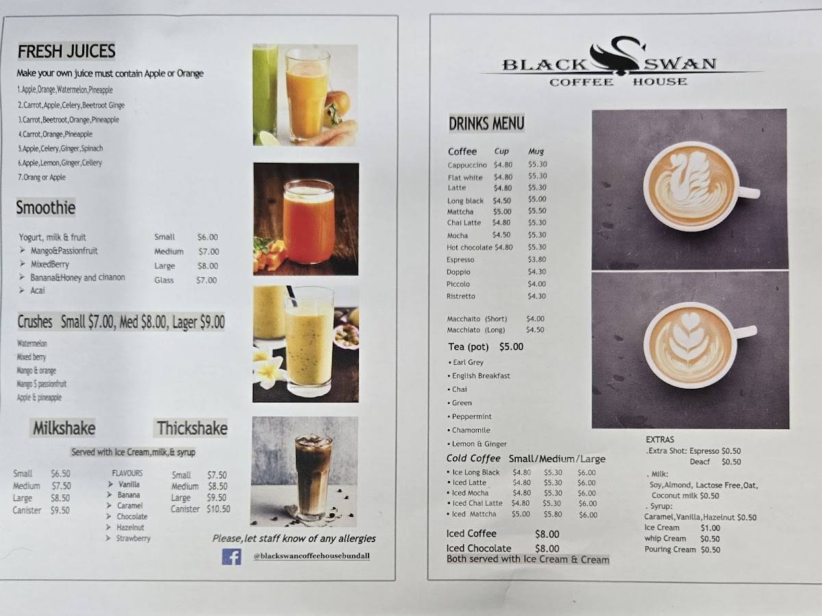 Menu at Black Swan Coffee House, Bundall