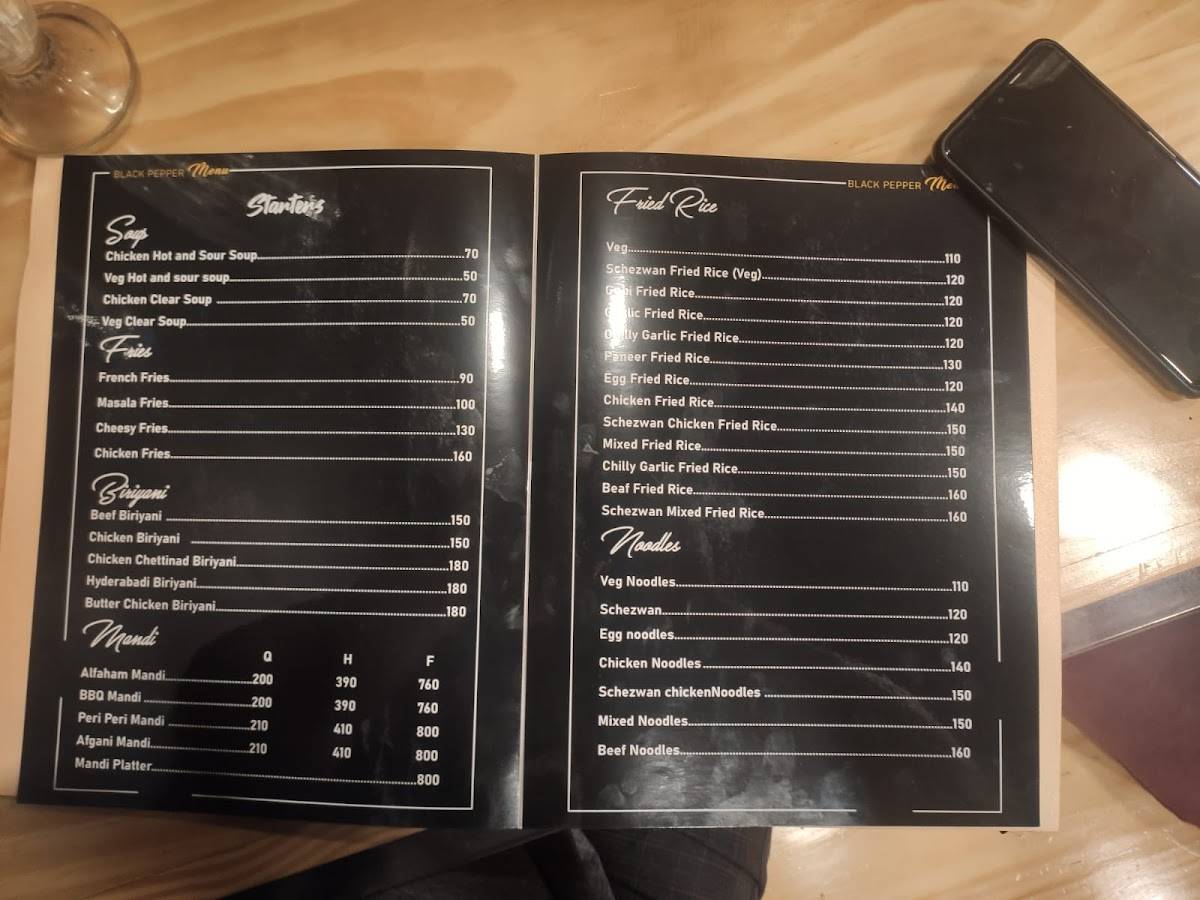 Menu at Black Pepper, Thiruvalla
