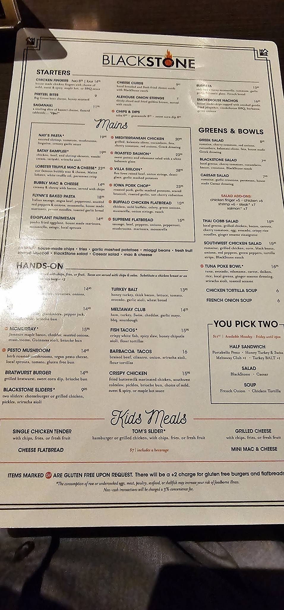 Menu at BlackStone restaurant, Iowa City, 503 Westbury Dr #1