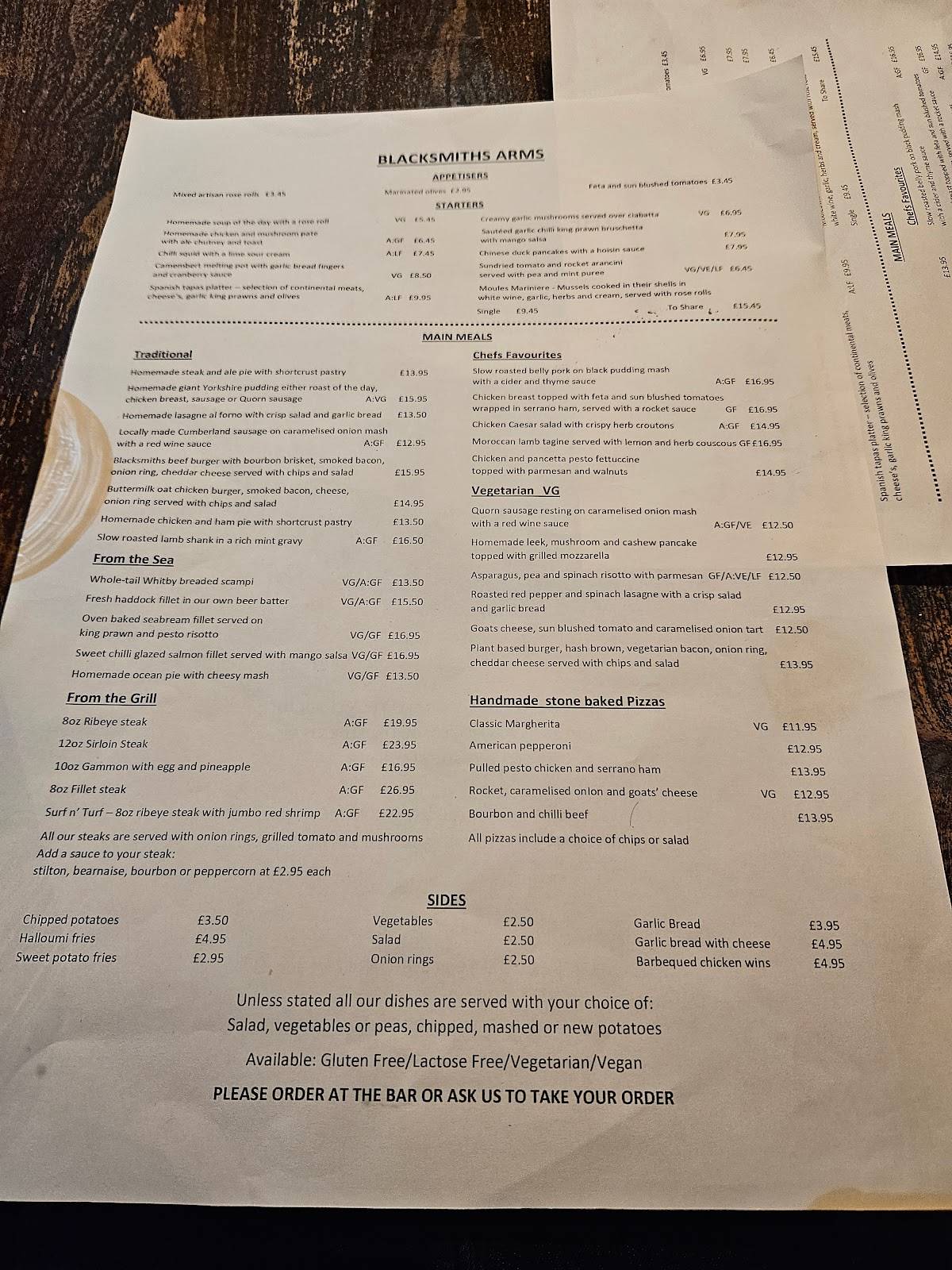Menu at Blacksmiths Arms pub & bar, Huddersfield