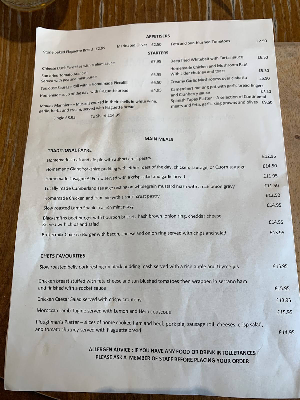 Menu at Blacksmiths Arms pub & bar, Huddersfield