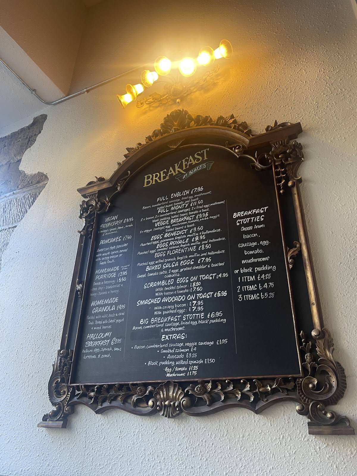 Menu at Blakes cafe, Newcastle upon Tyne