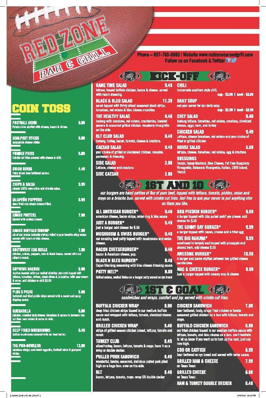 Menu at Red Zone Bar and Grill, Blanchester