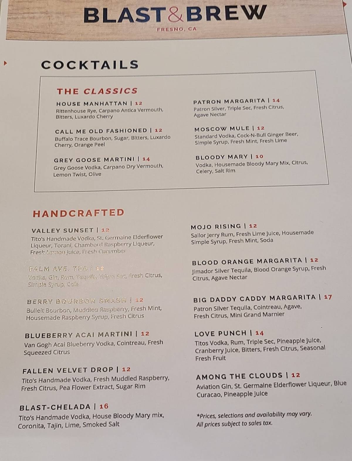Menu at Blast & Brew pizzeria, Fresno