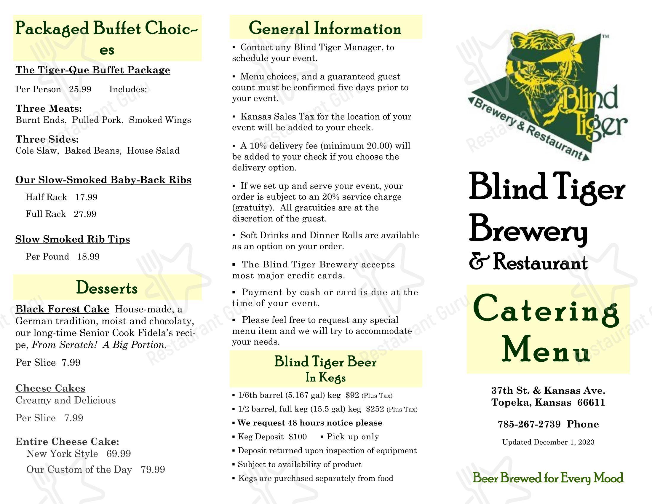 Menu at Blind Tiger Brewery & Restaurant, Topeka