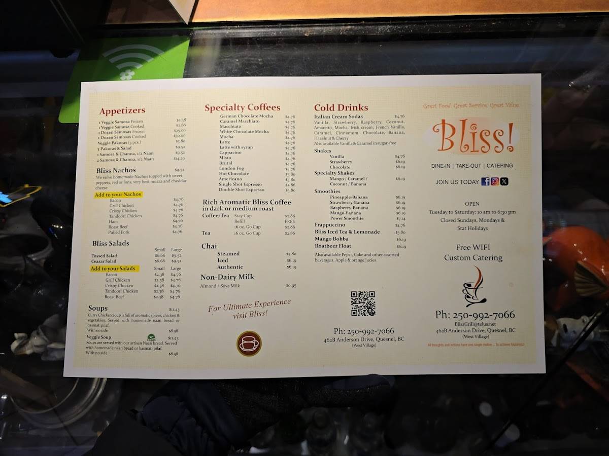 Menu at Bliss Coffee restaurant, Quesnel