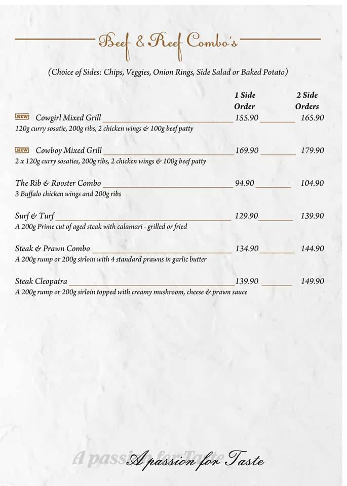 Menu at The Beef 'n Reef restaurant, Bloemfontein, Kenneth Kaunda Rd
