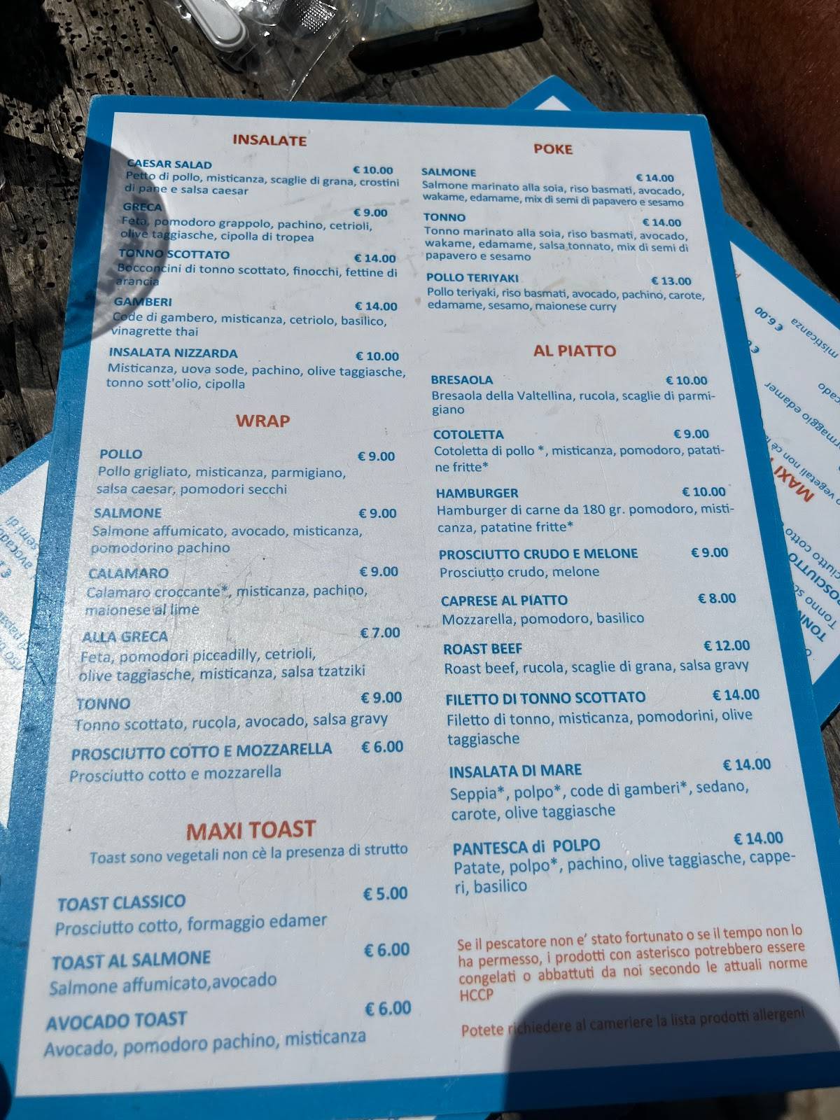 Menu da Blu Fregene ristorante, Fregene