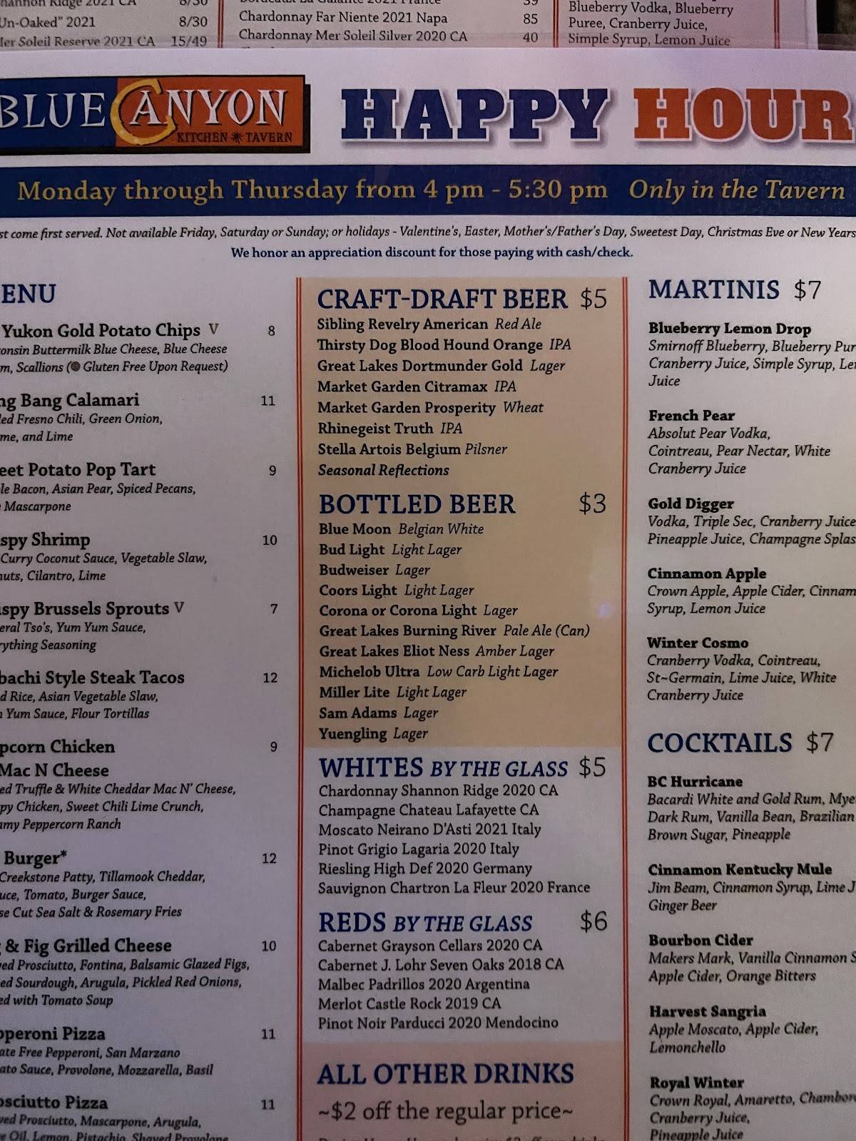 Menu at Blue Canyon Kitchen & Tavern restaurant, Twinsburg