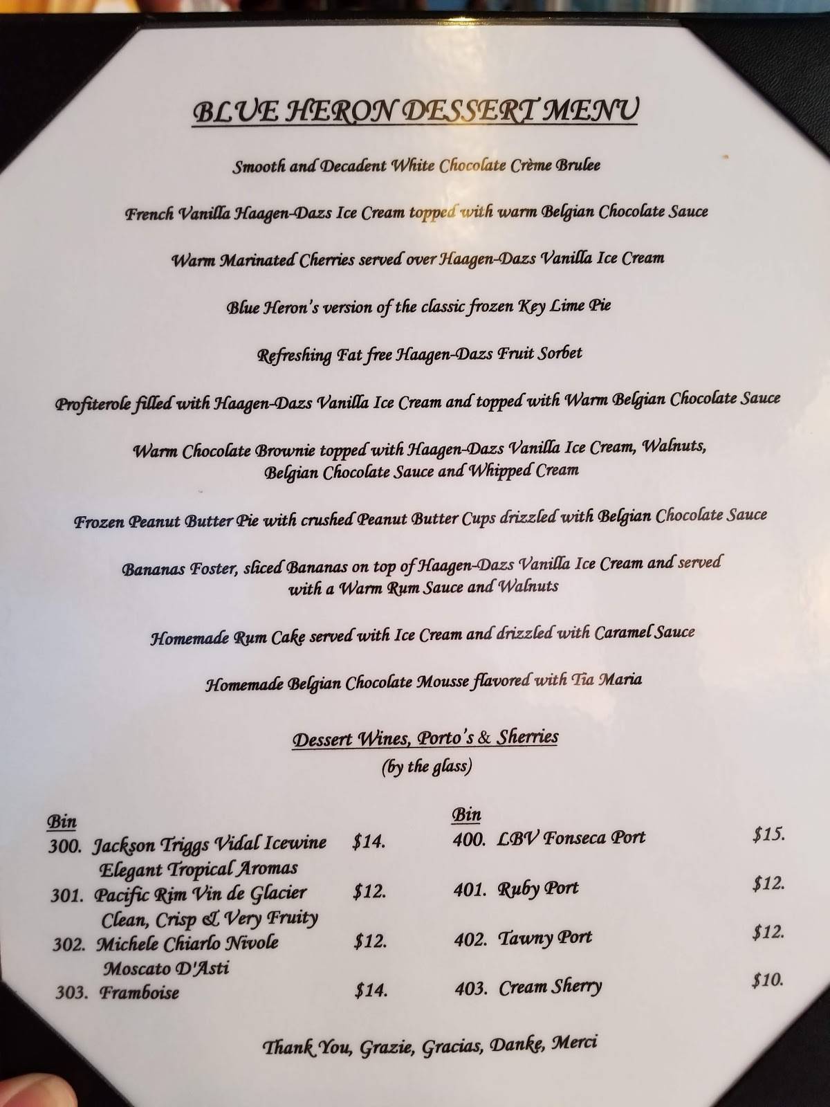 Menu at Blue Heron Restaurant, Marco Island, 387 Capri Blvd #8613
