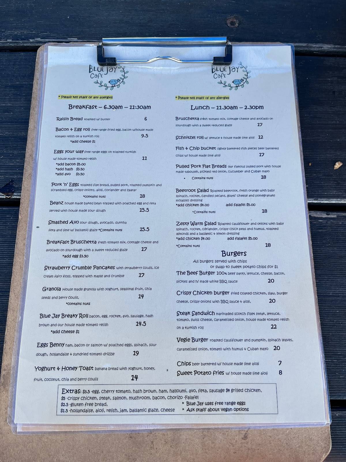 Menu at Blue Jay Cafe, Albion Park
