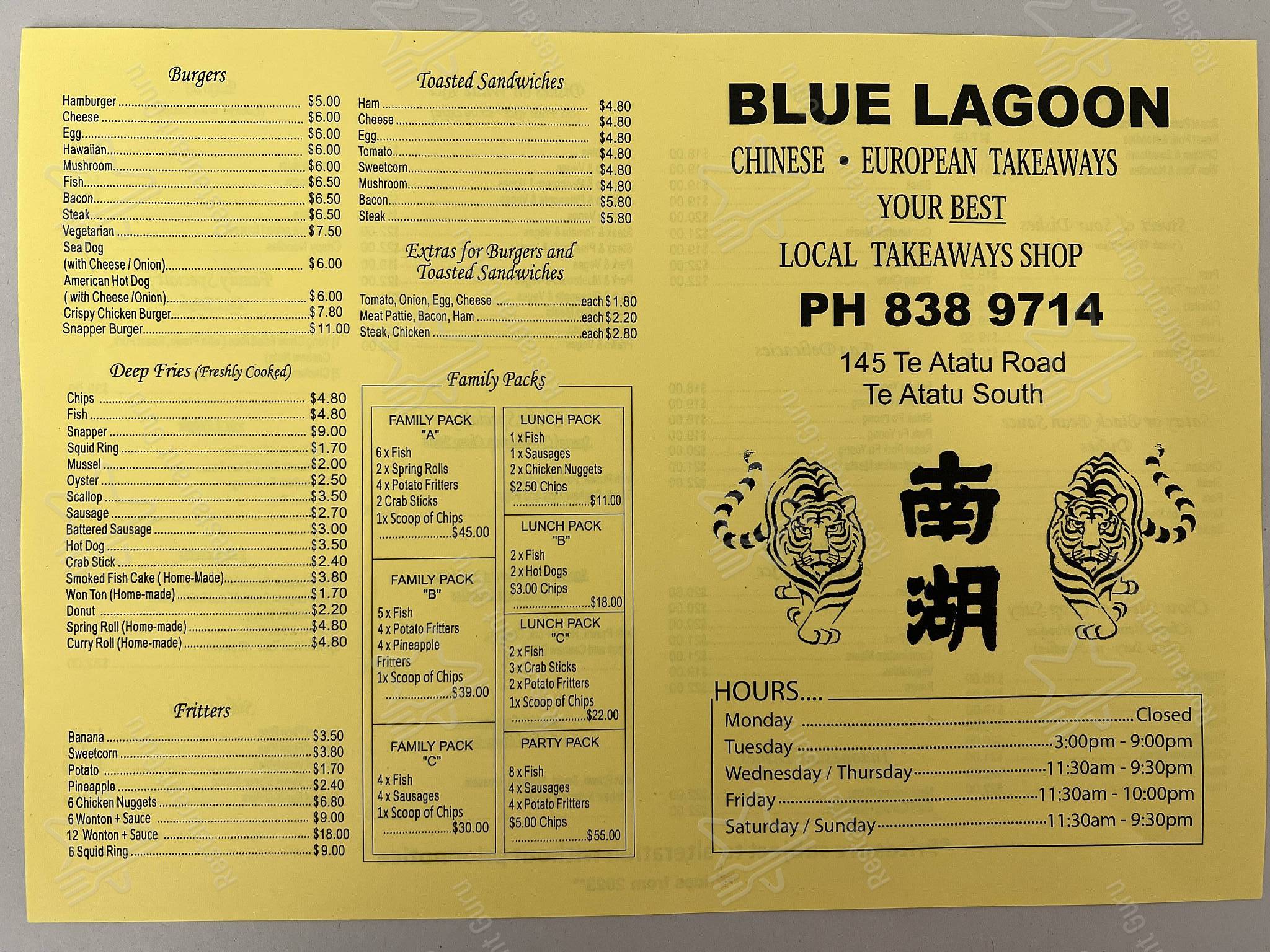Menu at Blue Lagoon Takeaways fast food, Auckland