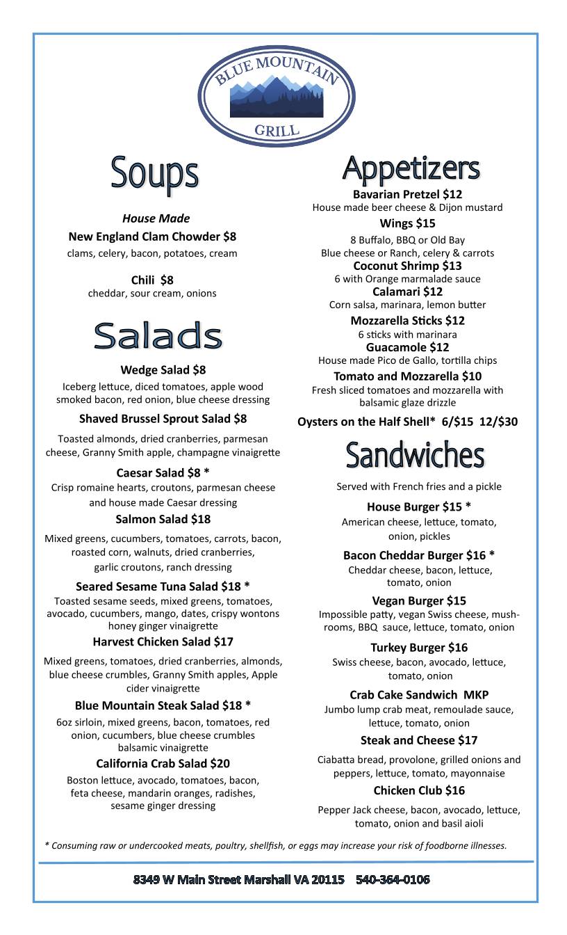 Menu at Blue Mountain Grill restaurant, Marshall