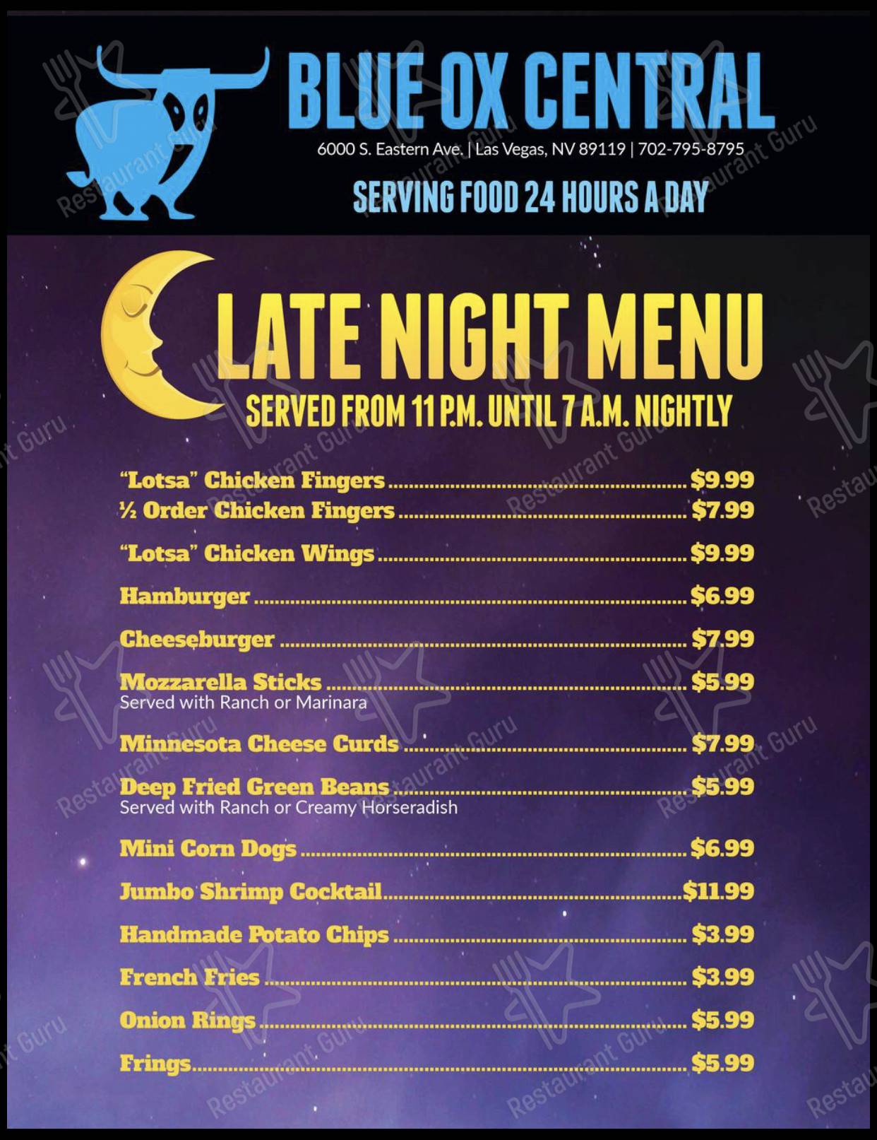 Menu at Blue Ox Central pub & bar, Las Vegas, S Eastern Ave