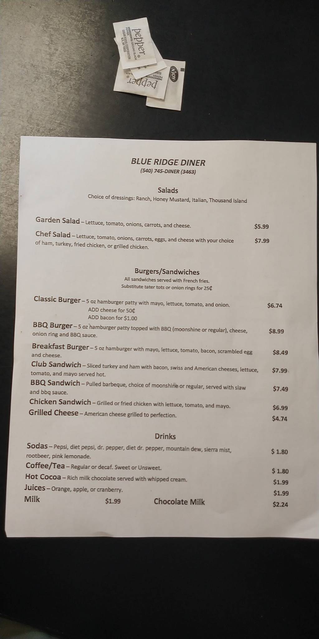 Menu at Blue Ridge Diner cafe, Floyd, 113 E Main St