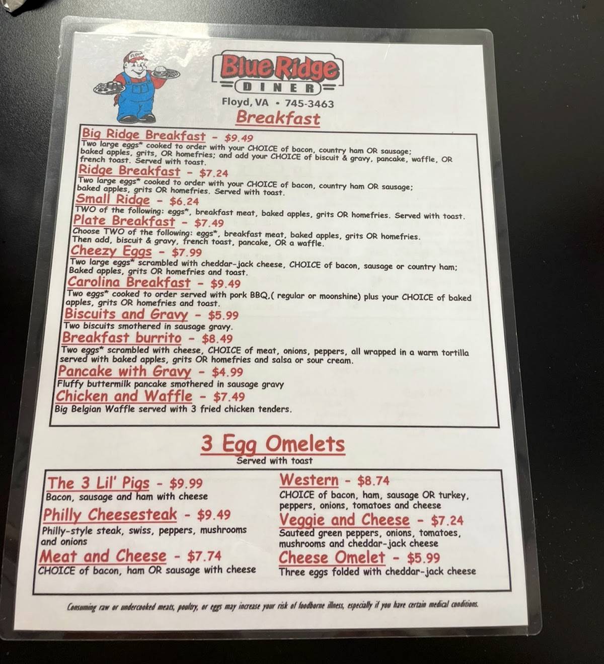 Menu at Blue Ridge Diner cafe, Floyd, 113 E Main St