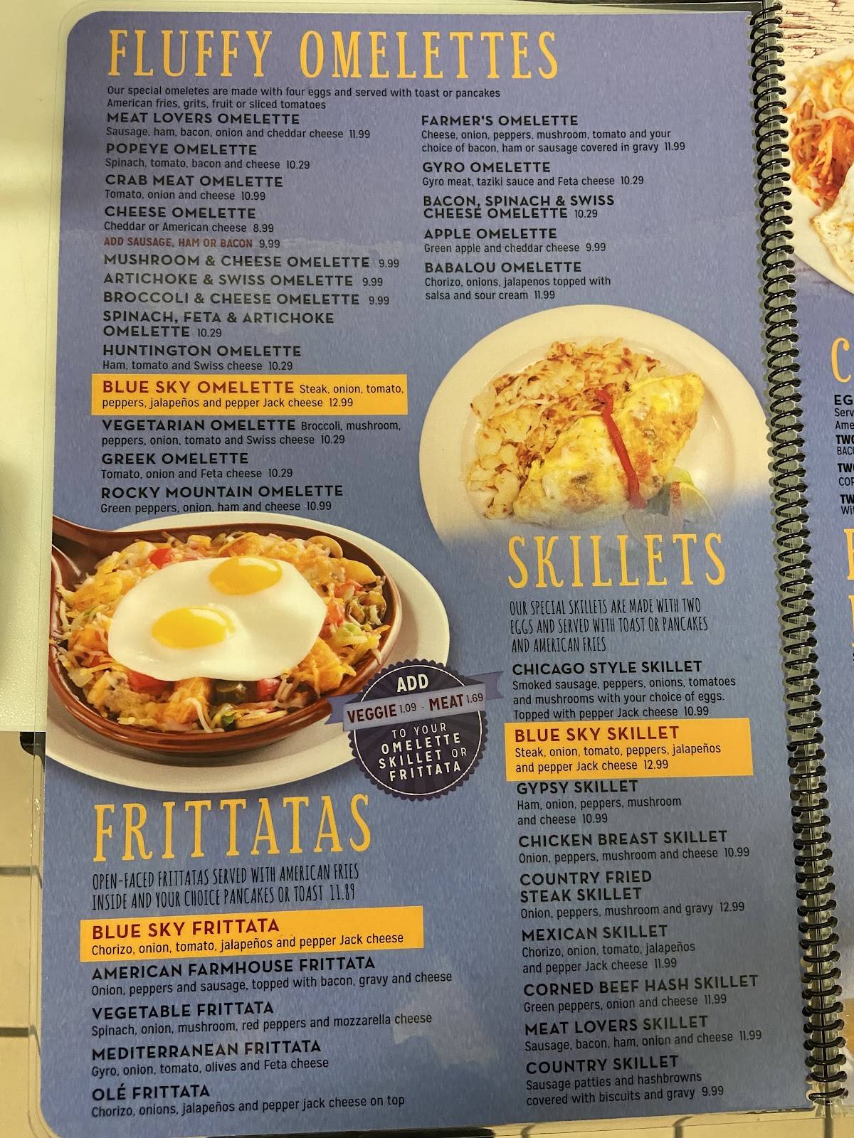Menu at Blue Sky Pancake House restaurant, Huntington