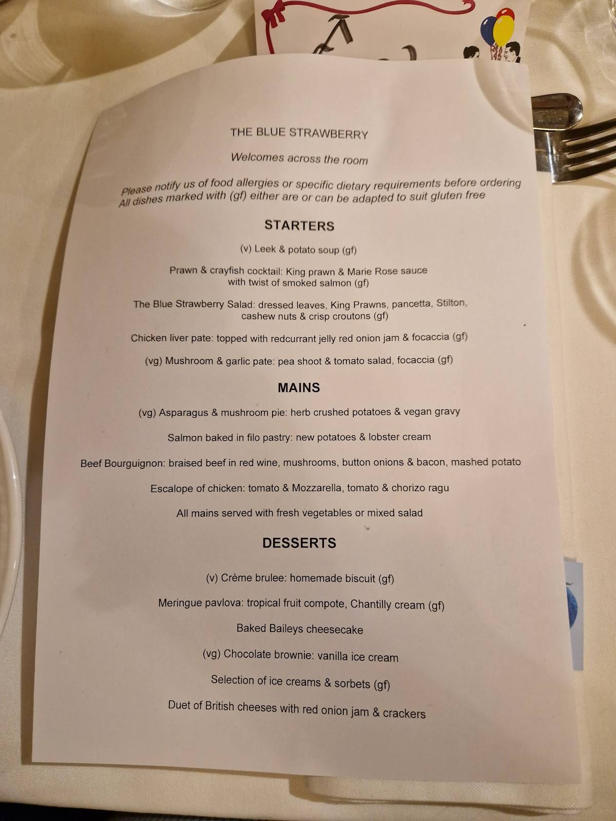 Menu at Blue Strawberry Bistrot restaurant, Hatfield Peverel