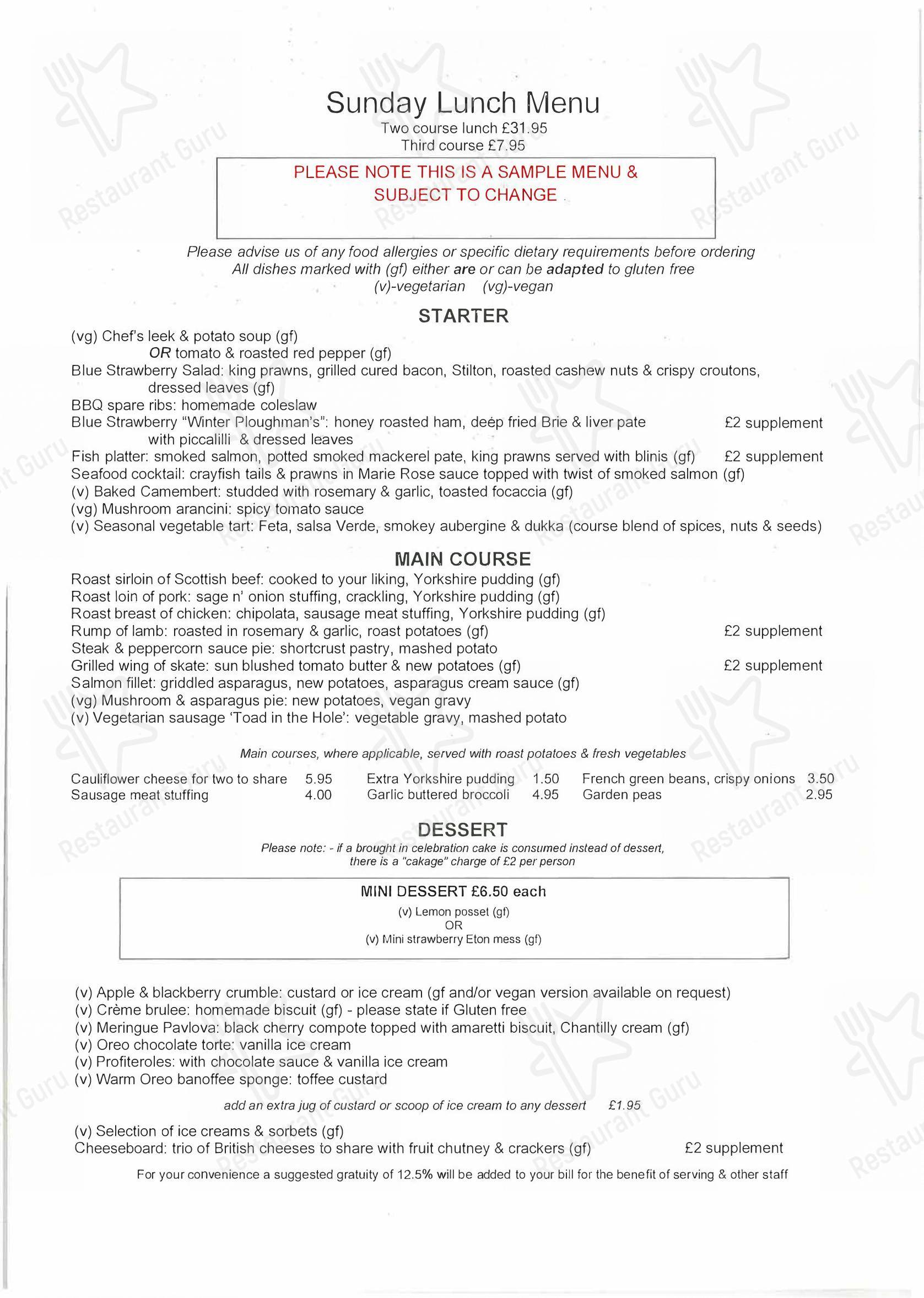 Menu at Blue Strawberry Bistro restaurant, Hatfield Peverel