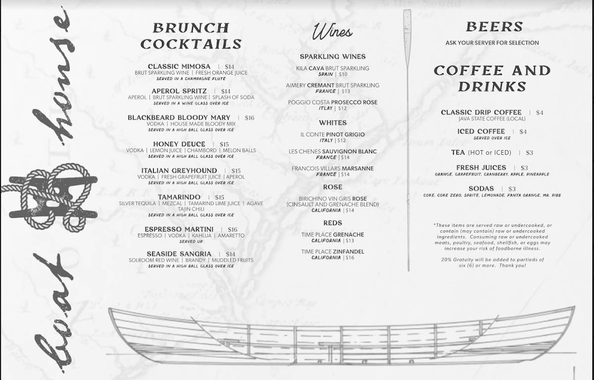 Menu at Boat House BHI restaurant, Bald Head Island