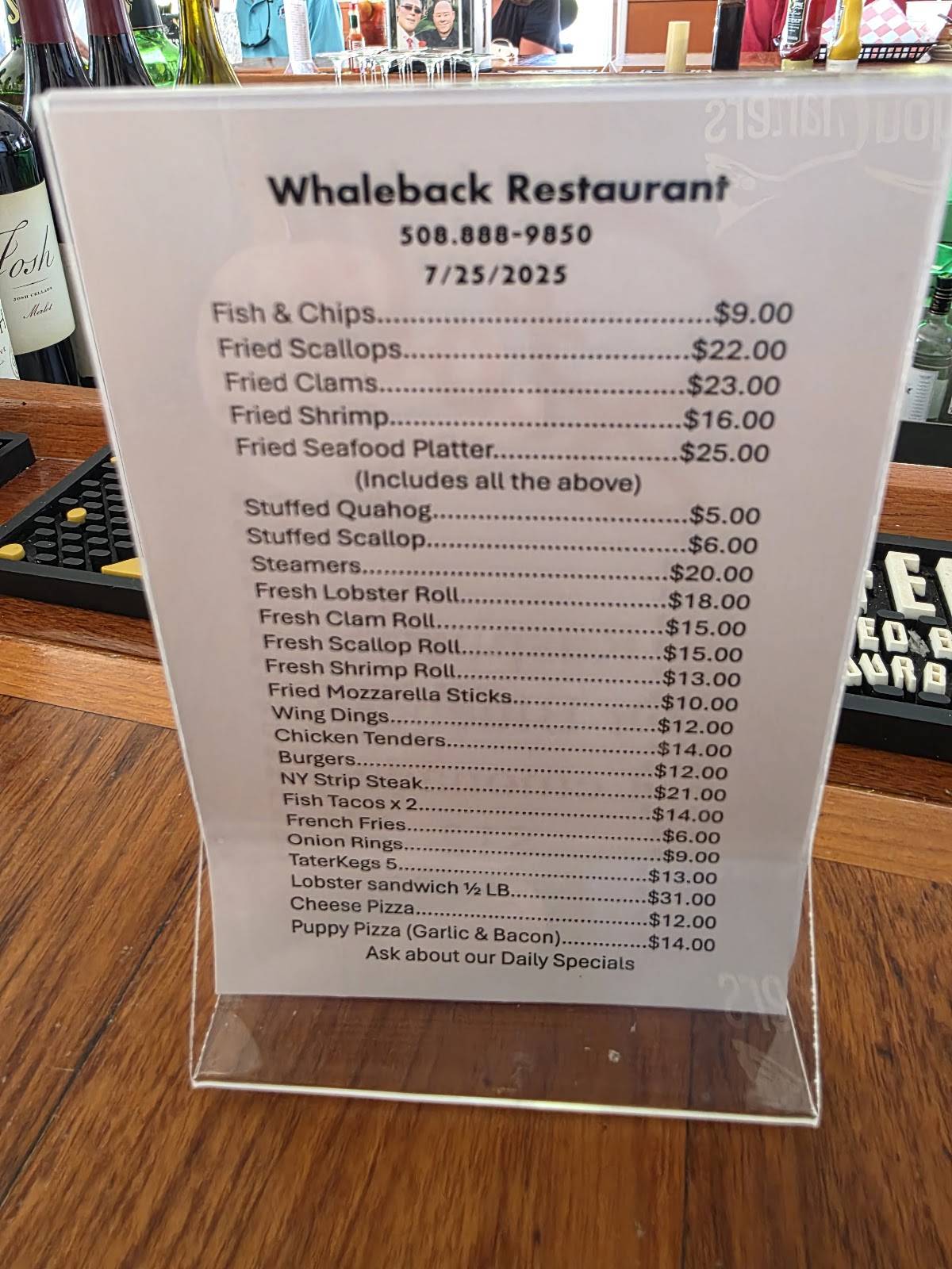 Menu at Bob O'Malley's Whaleback Restaurant, Sandwich