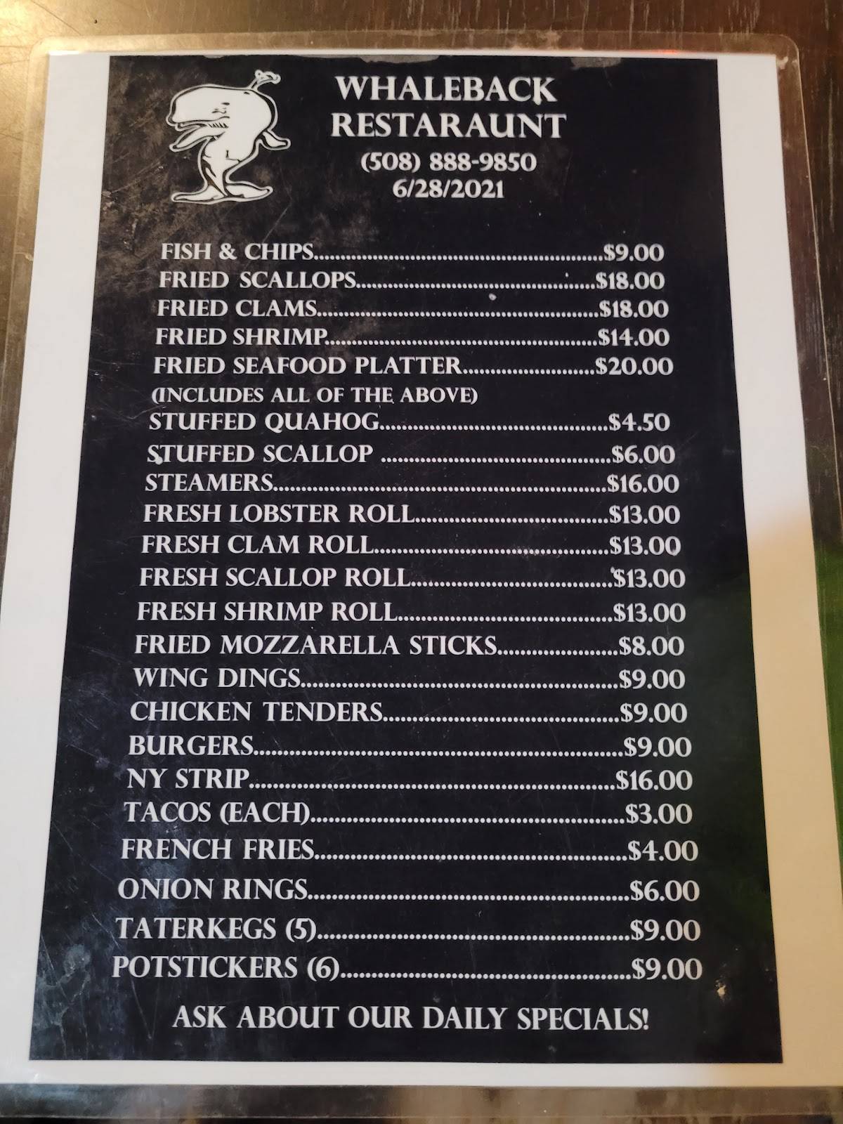 Menu at Bob O'Malley's Whaleback Restaurant, Bourne