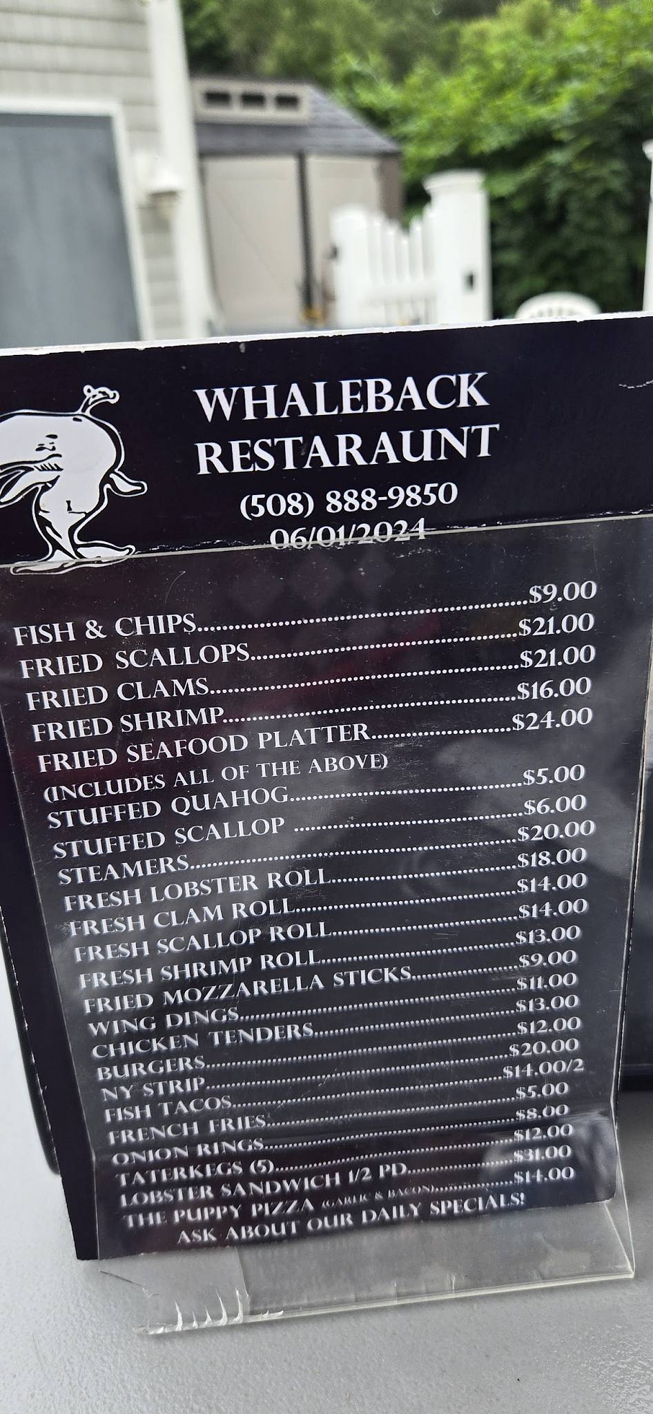 Menu at Bob O'Malley's Whaleback Restaurant, Sandwich
