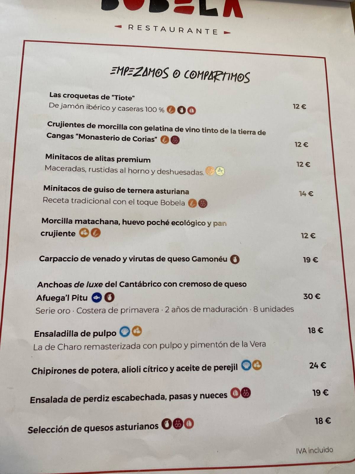 Carta de Bobela Restaurante, Mieres