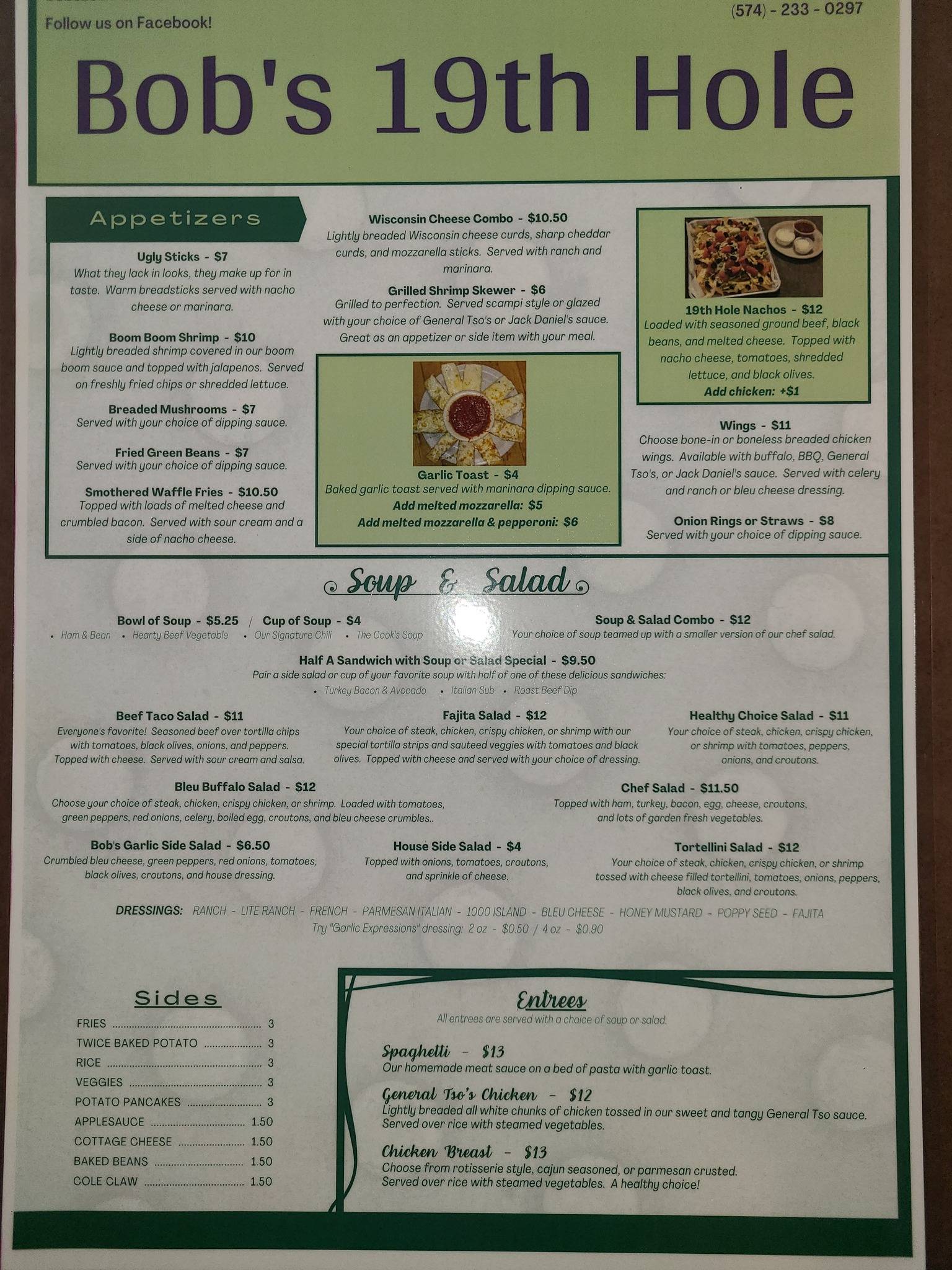 Menu at Bob's 19th Hole Restaurant and Bar, South Bend
