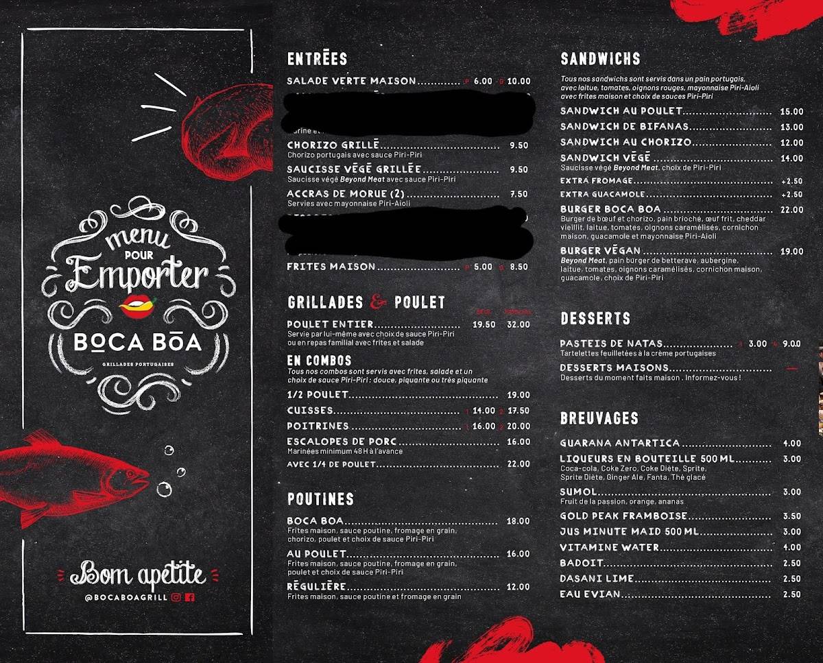 Menu au Boca boa grill restaurant, Montréal