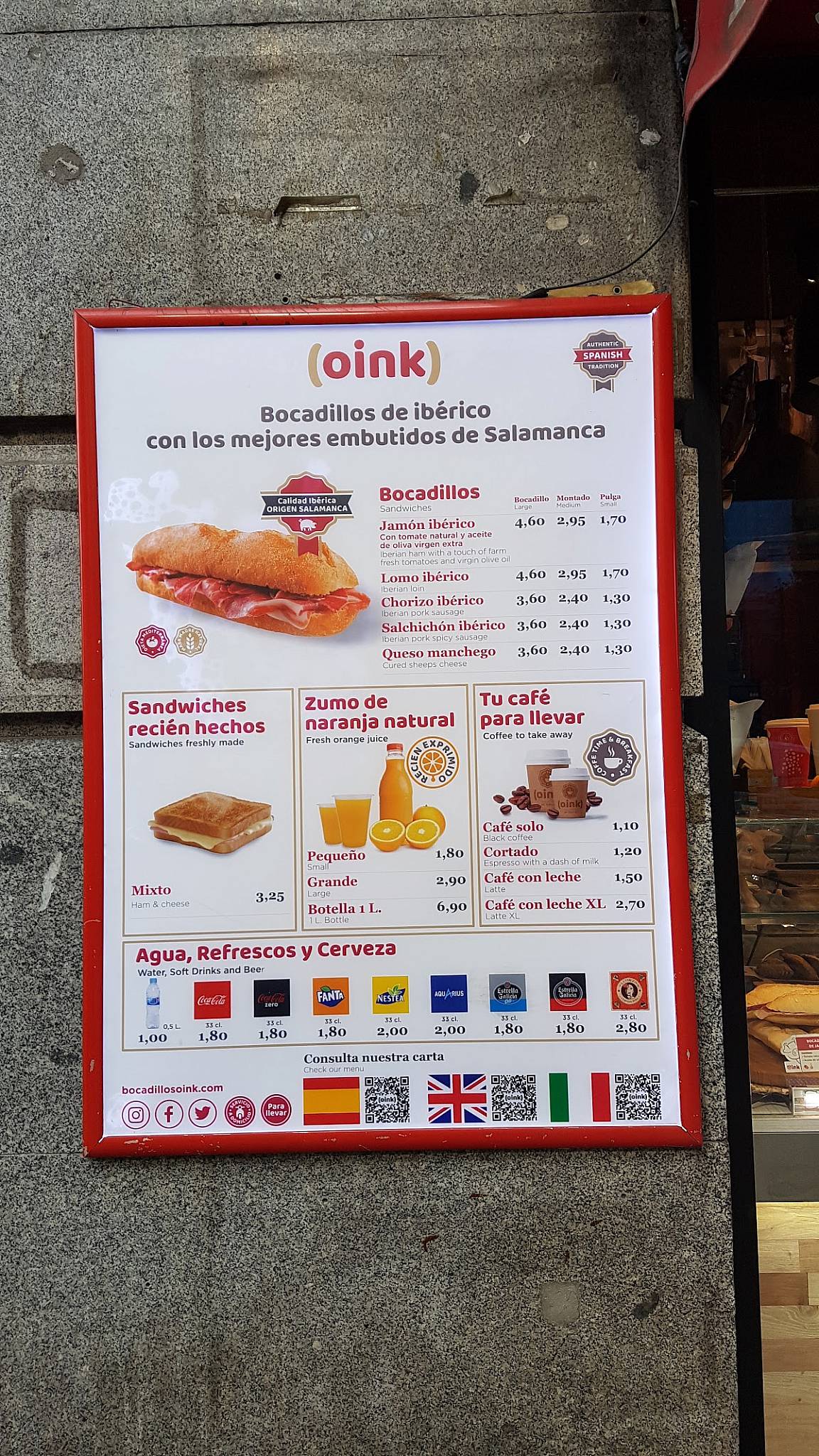 Carta de comida rápida Oink, Madrid, C.Gran Vía