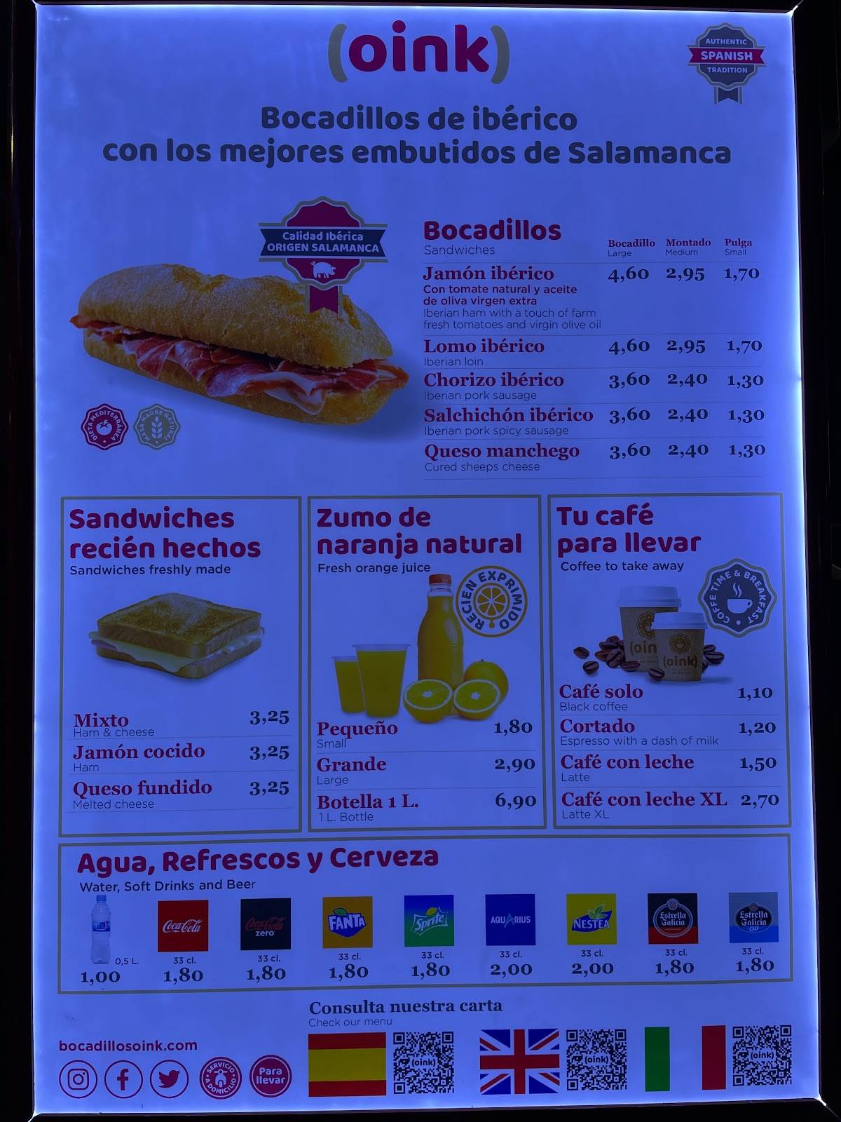Carta de comida rápida Oink, Madrid, C.Gran Vía