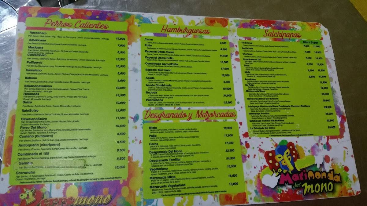 Carta del restaurante Perro Mono Garces Navas, Bogotá