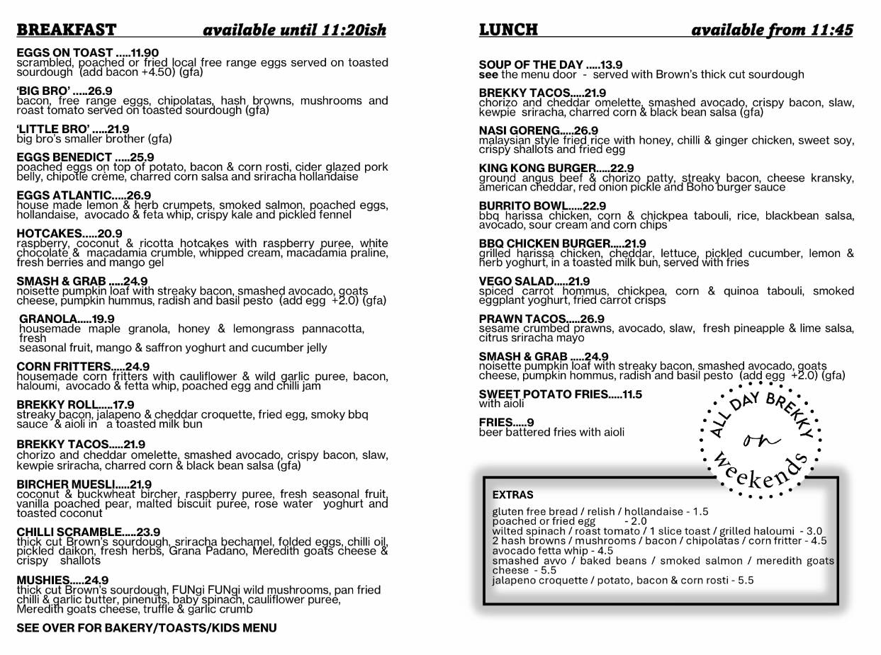 Menu at Bohemia Cafe & Bar, Warrnambool