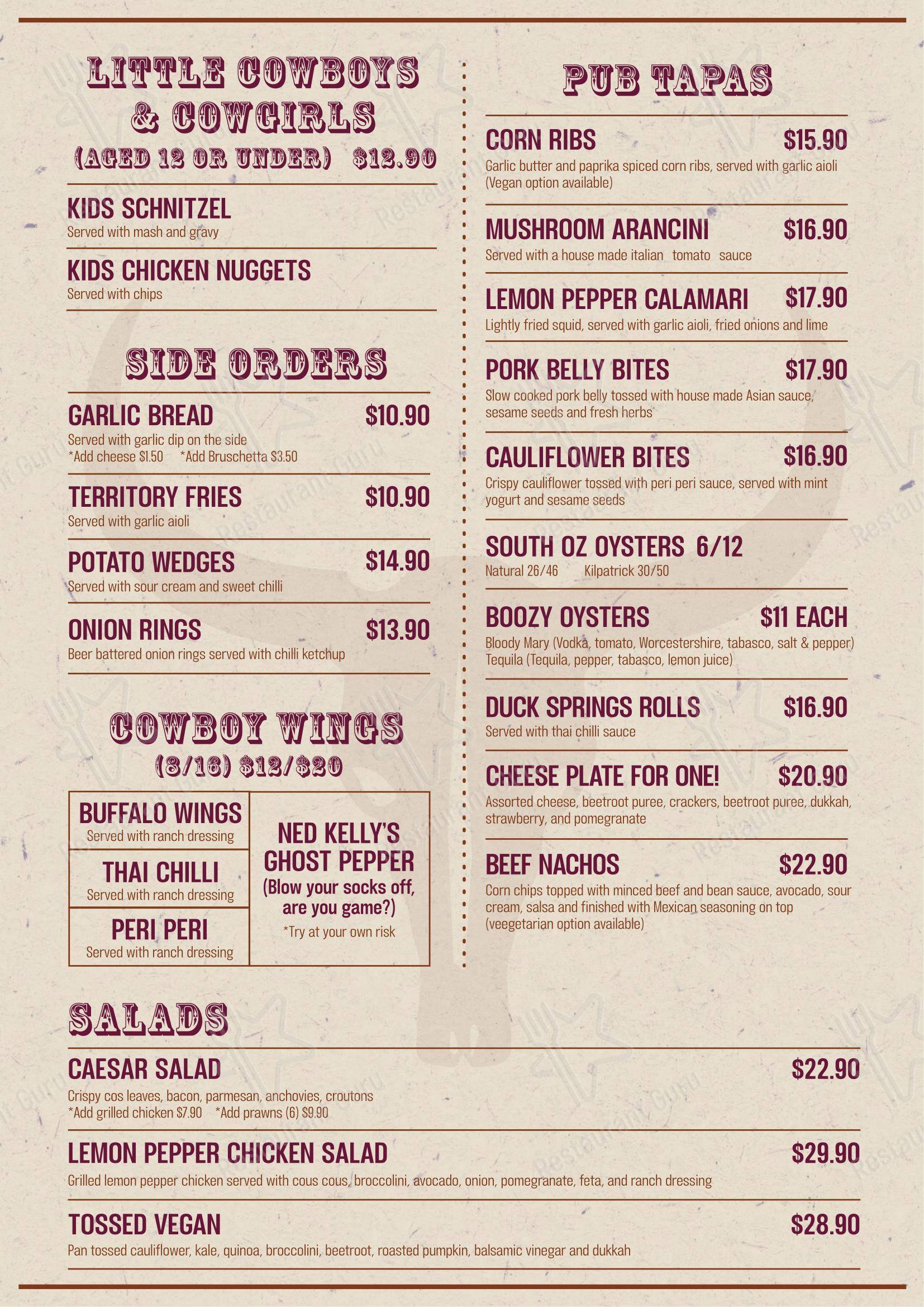 Menu at Bojangles Saloon & Dining Room pub & bar, Alice Springs