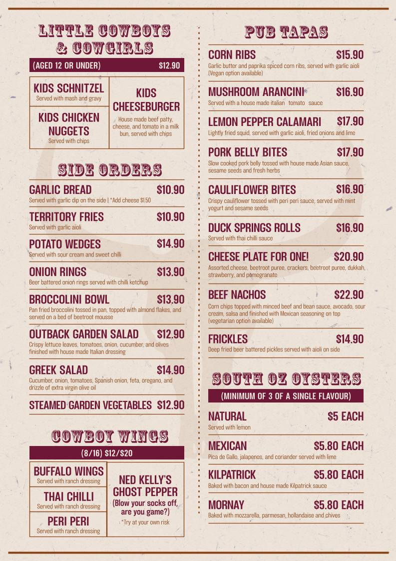 Menu at Bojangles Saloon & Dining Room pub & bar, Alice Springs
