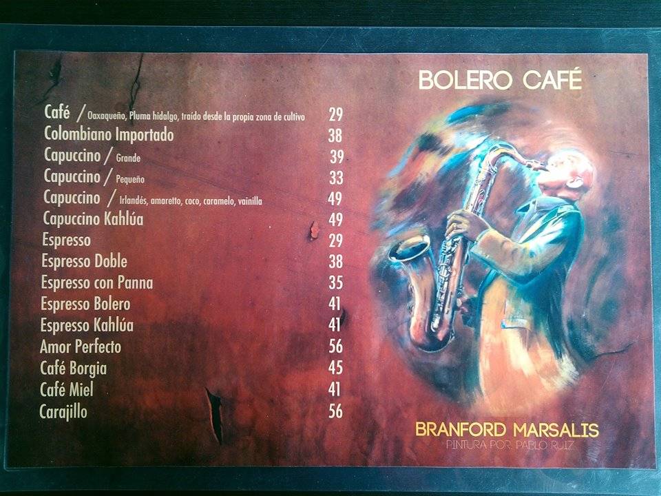 Menu at Bolero Café, Mexico City