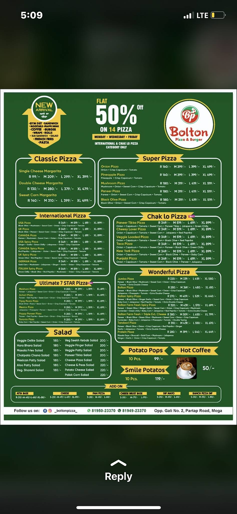 Menu at Bolton Pizza & Burger - Best Pizza Restaurant in Mudki, Best ...