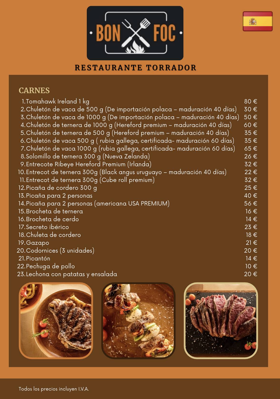 Carta del restaurante Bon Foc, Inca