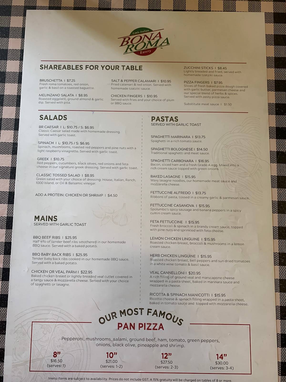Menu at Bona Roma Little Italian Eatery pizzeria, Calgary, 89 Bowridge ...