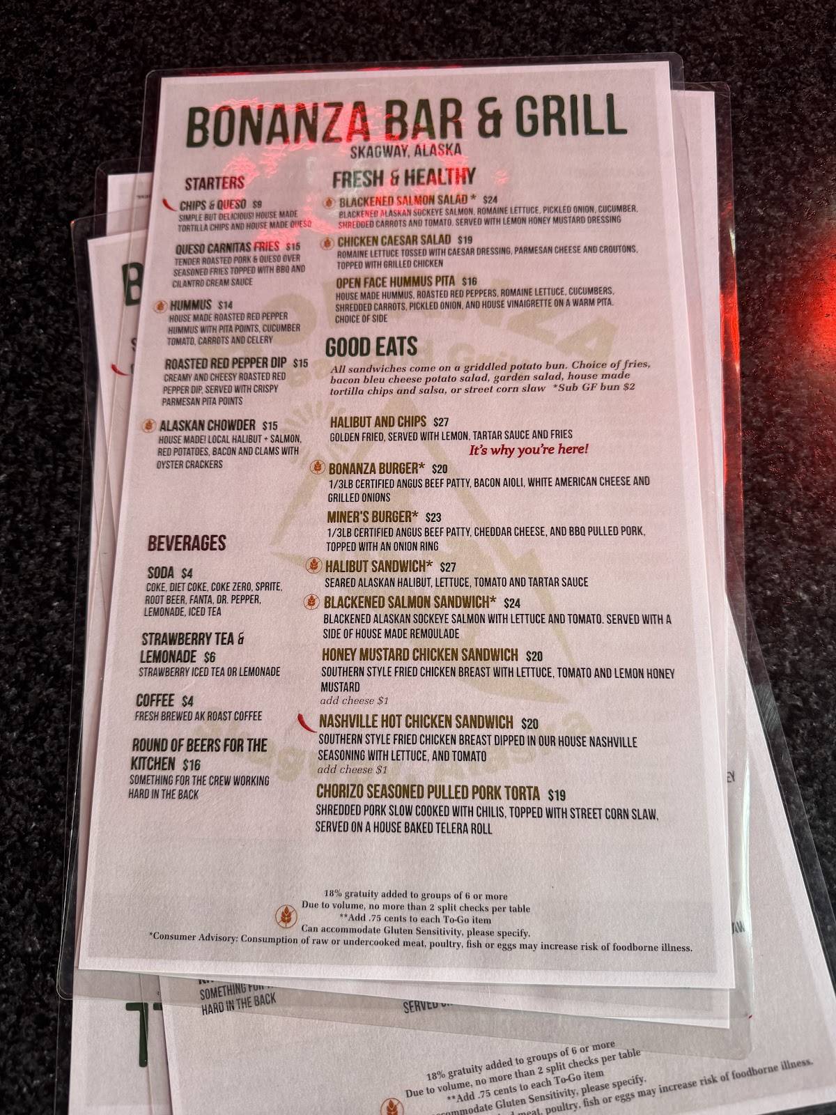 Menu at Bonanza Bar & Grill, Skagway