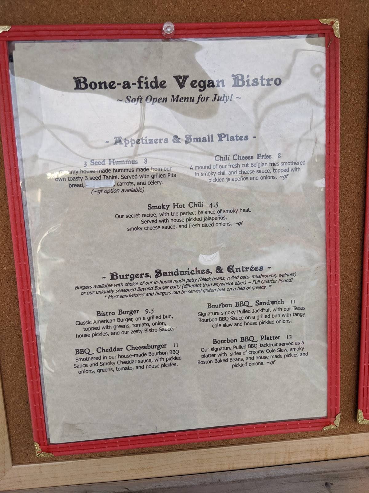 Carta del restaurante Bone-a-fide Vegan, Austin, N Interstate Hwy 35